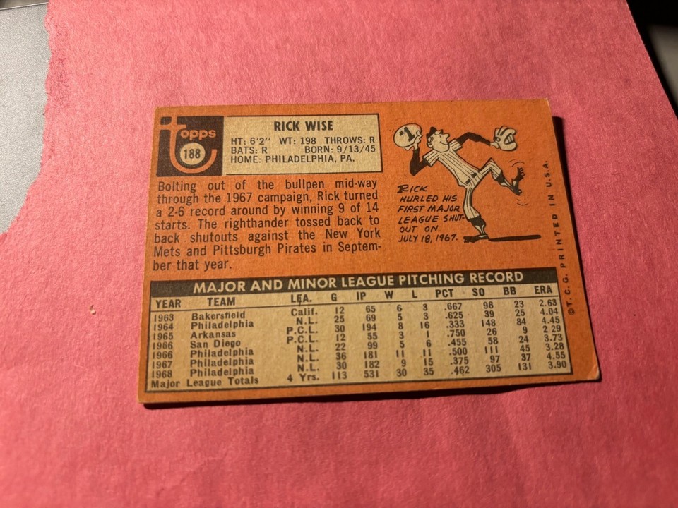 Rick Wise 1969 Topps 188 Phillies baseball see description | eBay