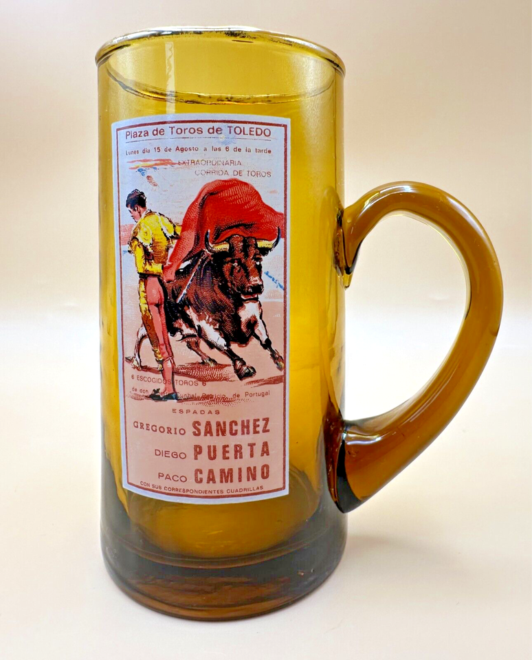 3 x Spanish Amber Glass Tankard 13.5cm Bull Fighting Plaza De Toros De ...