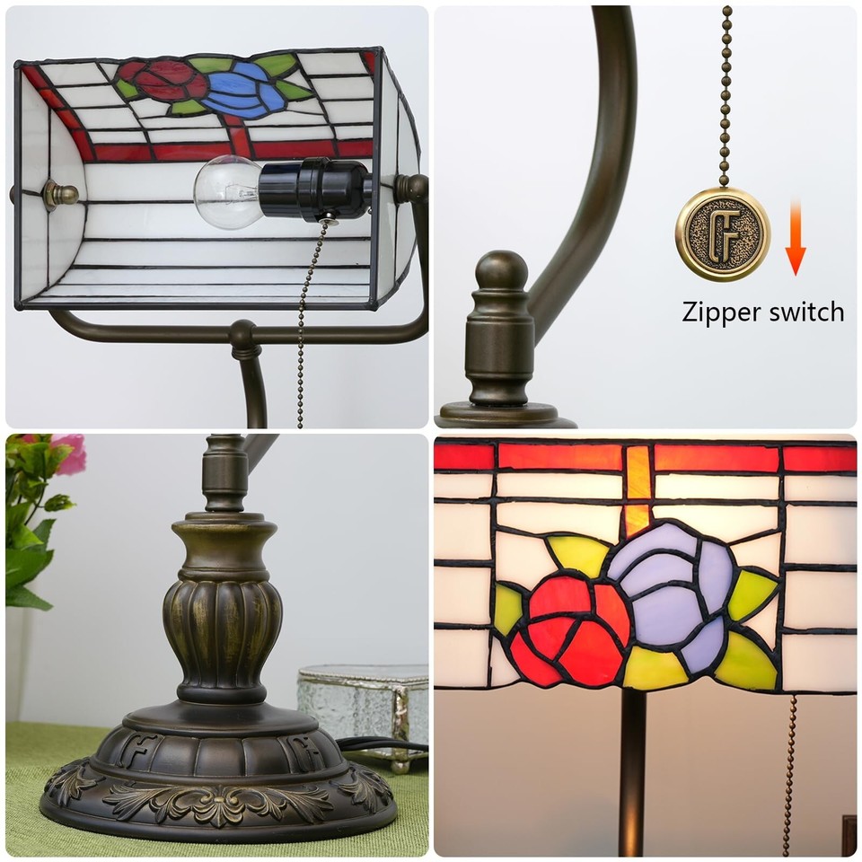 red rose tiffany bankers desk lamp stained Glass table lamp Vintage ...