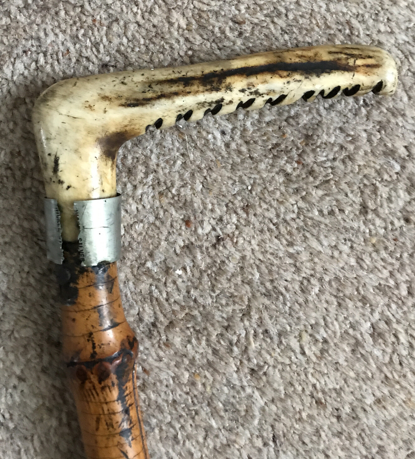 Antique Flexible Whangee Bamboo Walking Cane with Antler Handle Nickel ...