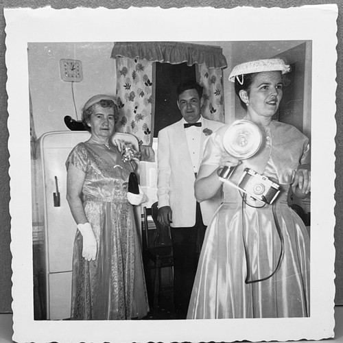 Woman Flash Bulb Camera in Kitchen Formal Fashion Vintage Snapshot ...