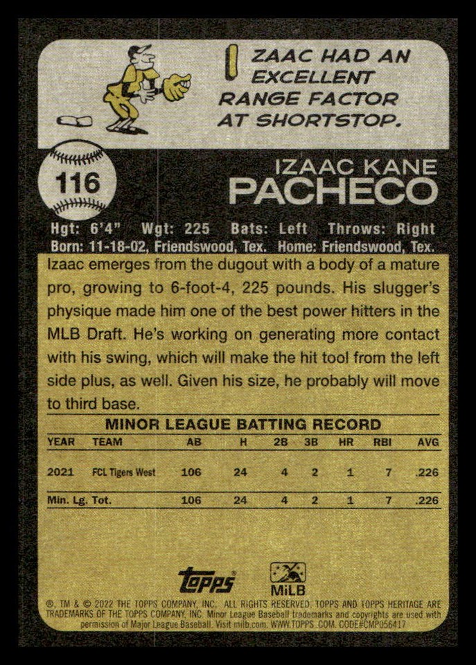 2022 Topps Heritage Minors 116 Izaac Pacheco Tigers Baseball Card | eBay