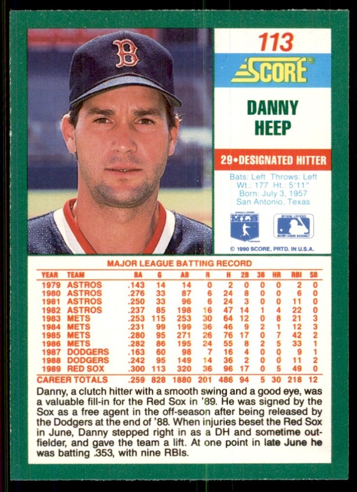 1990 Score Danny Heep Baseball Cards #113 | eBay