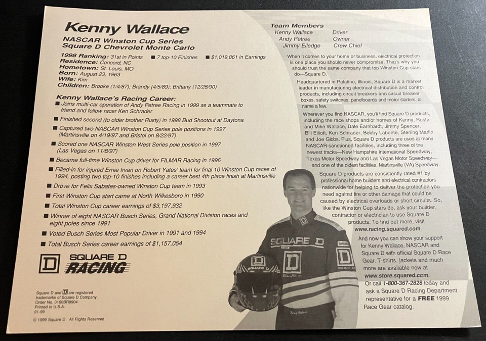 1999 Kenny Wallace #55 Square D Chevy Monte Carlo - NASCAR Hero Card ...