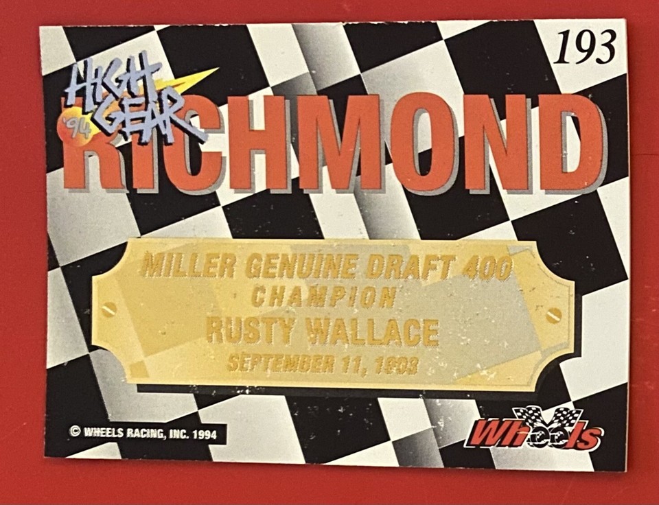 1994 Wheels High Gear Day 1 One #193 Rusty Wallace - Richmond | eBay