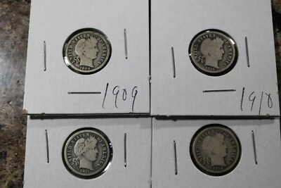 4-BARBER DIMES, 1909-1910-1911& 1912, 4- PHILADELPHIA MINTED SILVER ...