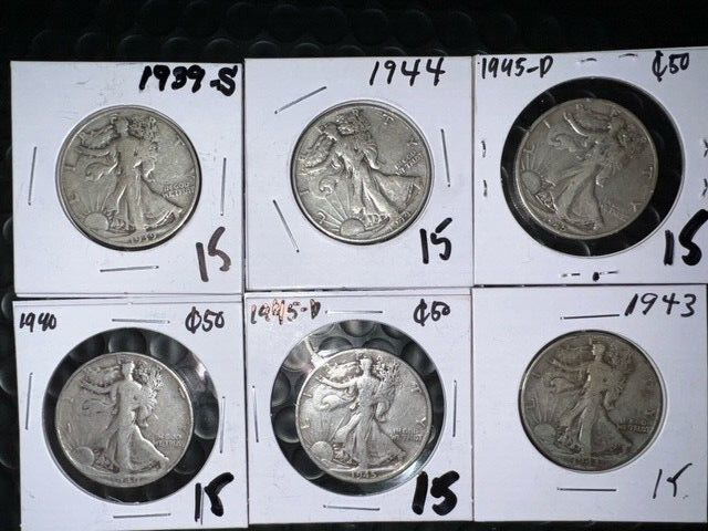 Lot of 6 - $3 FV Walking Liberty Half Dollar - 90% Silver - Exact Coins ...