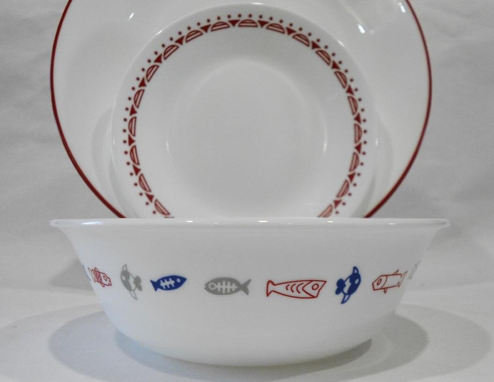 ️ 12-pc Corelle HARBOR TOWN Dinnerware Set / FISH Fishing Boat Red Blue ...