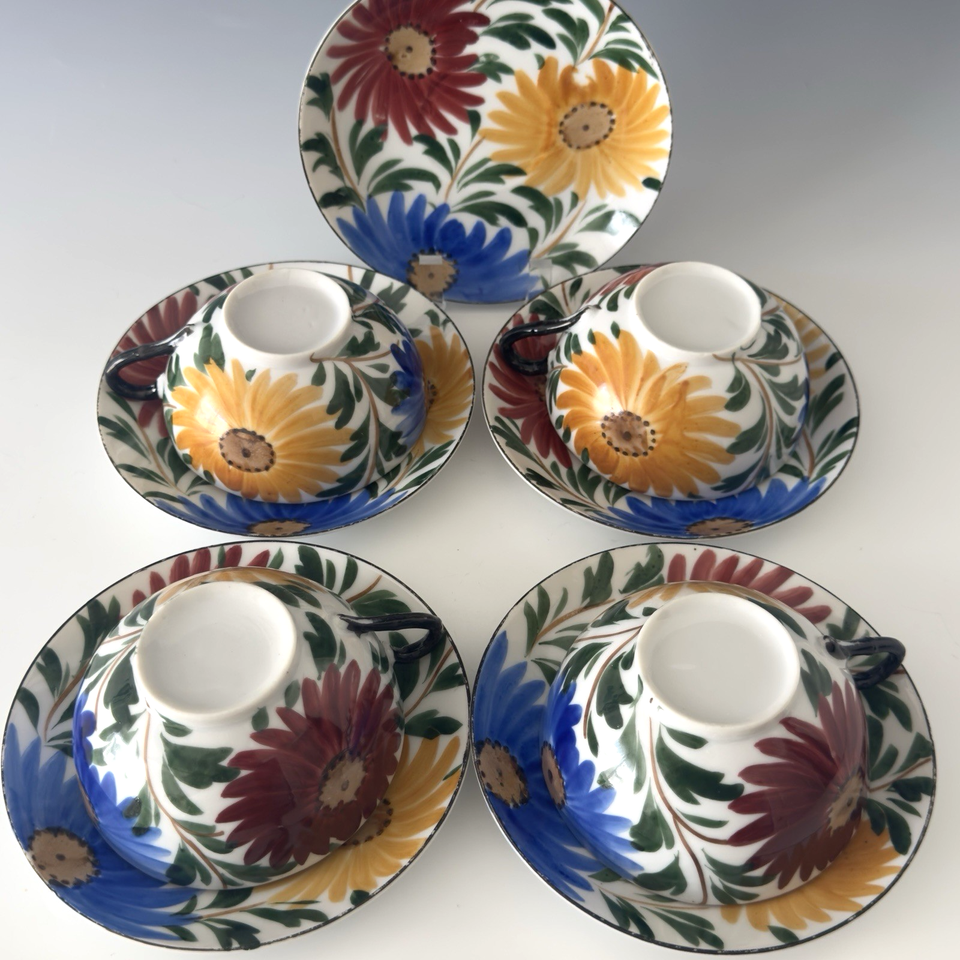 15 pc Tashiro Shoten Lusterware Tea Set Red Blue & Yellow Flowers Japan ...