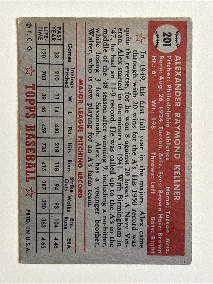 Alex Kellner 1952 Topps #201 Philadelphia A's Athletics VG-EX Condition | eBay