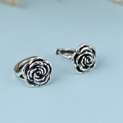 Real Solid 925 Sterling Silver Stud Lucky Women Rose Flower Hoop ...