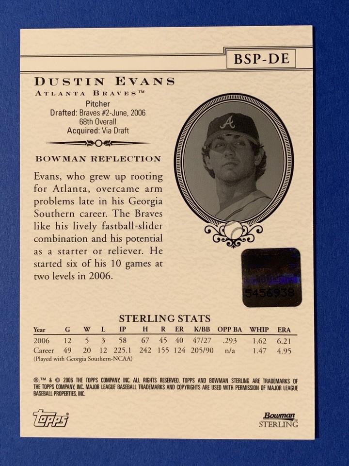 DUSTIN EVANS Signed RC 06 Bowman Sterling GEORGIA SOUTHERN EAGLES ...