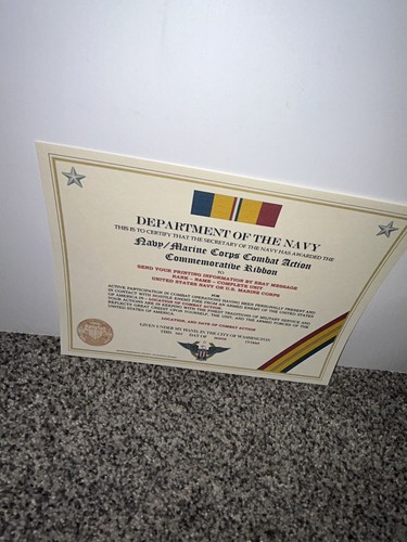NAVY/USMC COMBAT ACTION COMMEMORATIVE RIBBON CERTIFICATE ~ W/PRINTING T ...