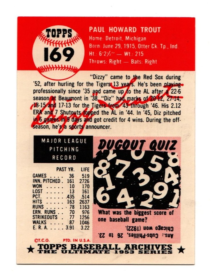 1991 Topps Archives 1953 #169 Dizzy Trout Boston Red Sox NM | eBay