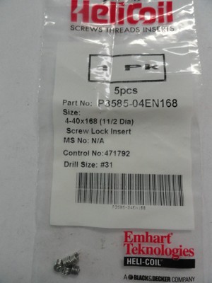 Heli-Coil 4-40 X 1 1/2D (.168") Nitronic 60, SS Screw Lock Inserts ...