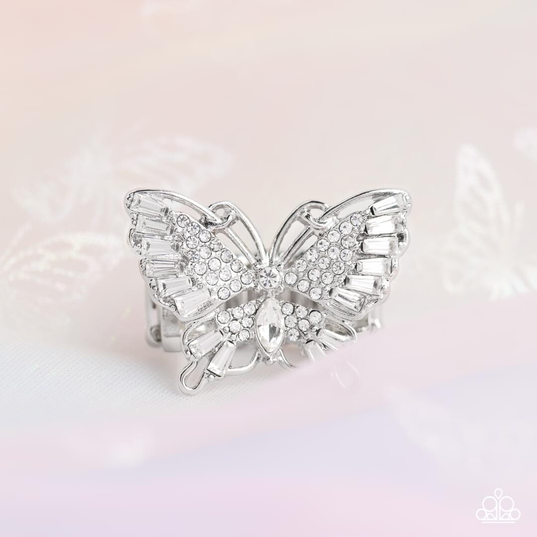 Paparazzi jewelry Fearless Flutter Ring - White Rhinestone & Silver Butterfly | eBay