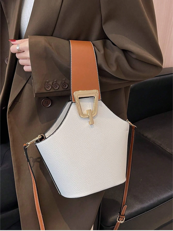 White Litchi Grain Buckle Decor Litchi Grain Bucket Handbags Tote ...