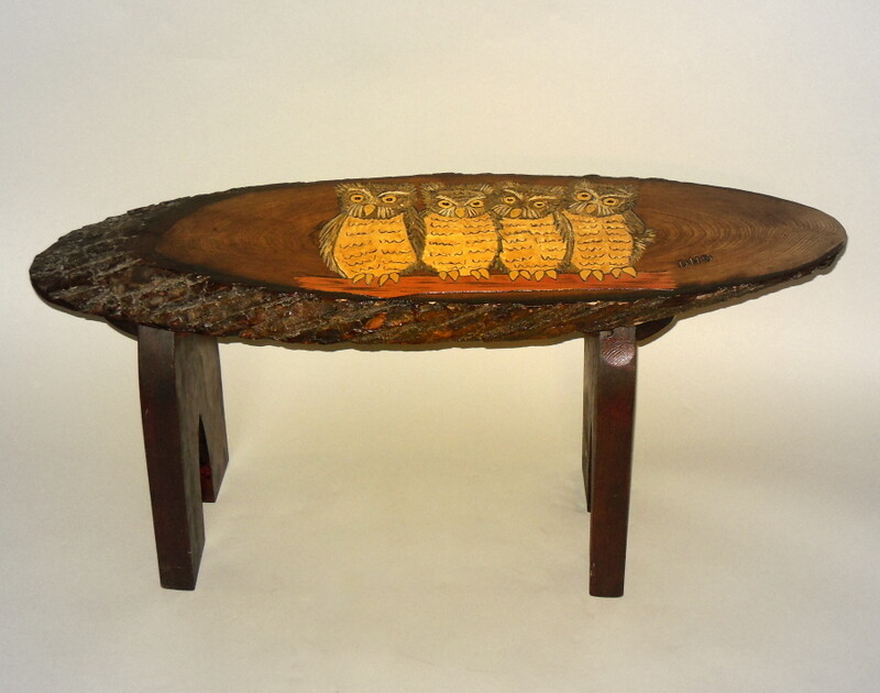 Vtg Folk Arts Crafts Carved Wood Burning Pyrography OWL Table BENCH Log ...