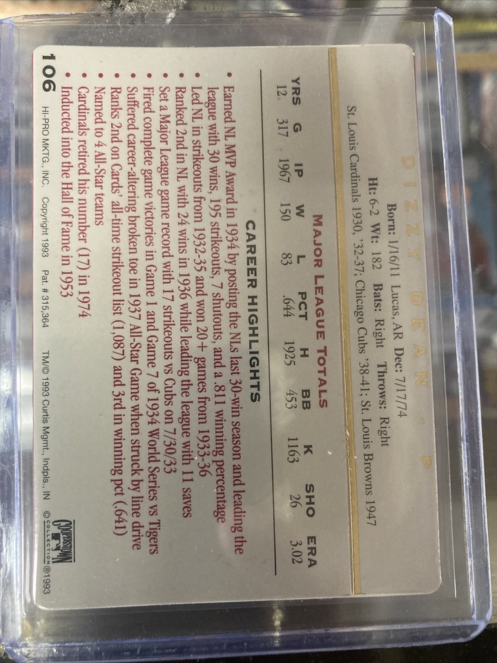 1993 Action Packed Dizzy Dean Card #103, Cubs, Browns, Cardinals EX | eBay