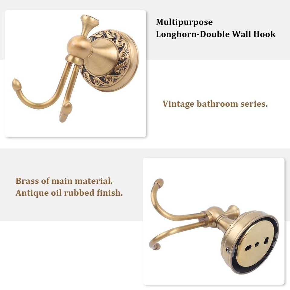 Antique Brass Towel Hook, Wall Mounted Bathroom Copper Double Hook for ...