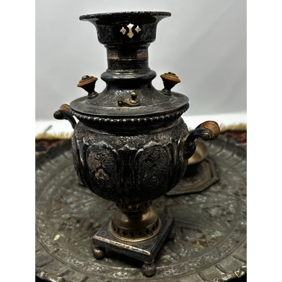 Antique Russian Samovar Tea Set with Tray – Silverplate, Bone Handles ...