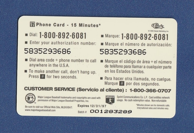 WADE BOGGS 1996 Classic 7-11 Phone Card #7 NY Yankees Seven Eleven ...