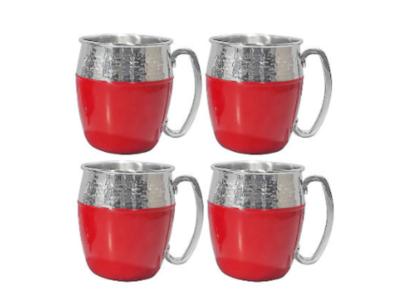 Hammered Moscow Mule Mugs 4-PC SET in BOX Red & Silver Tone Stainless ...