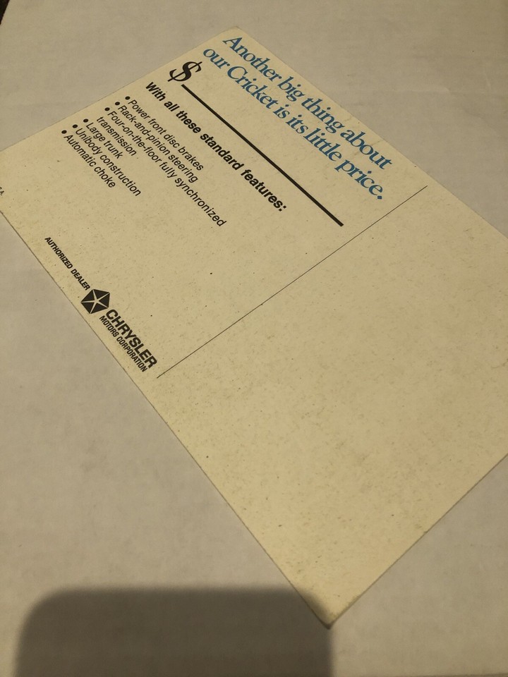 Vintage 1972 Chrysler Plymouth Cricket Large Sales Post Card | eBay