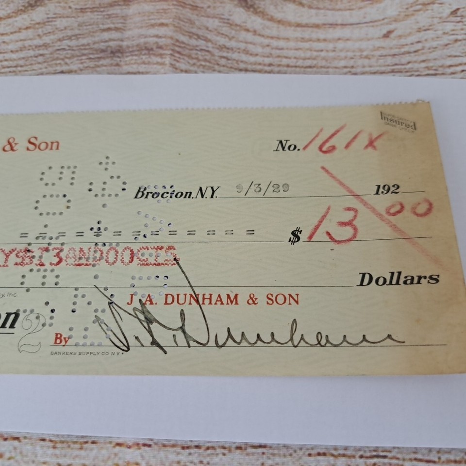 Antique Cancelled Bank Check 1929 State Bank of Brocton NY JA Dunham ...