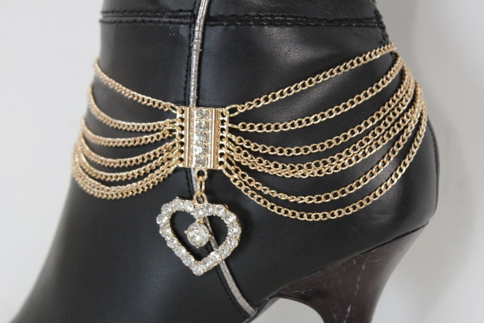 New Women Boot Bracelet Metal Chains Gold Big Heart Bead Anklet Bling ...