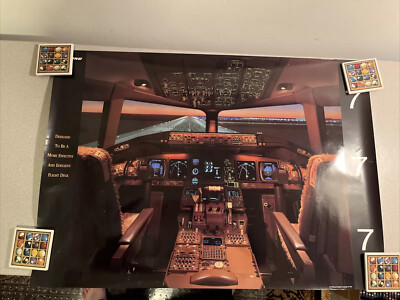 (2)Vintage 1992 Boeing 777 Posters - 1. Cockpit View 2. Airliner Ariel ...