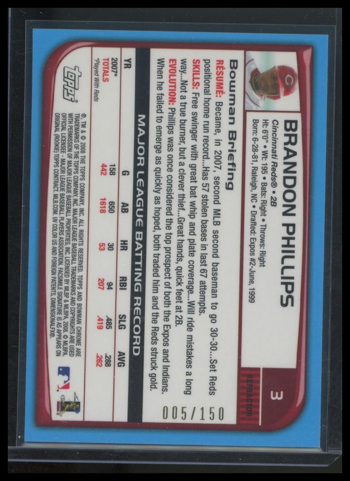 2008 Bowman Chrome #3 Brandon Phillips Blue Refractors #/150 | eBay