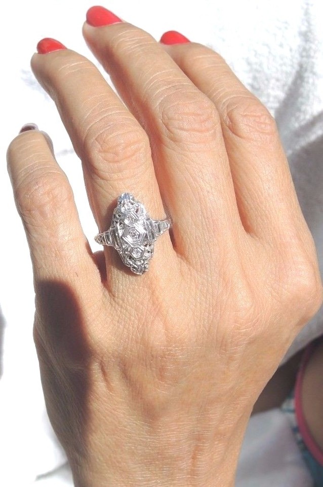 Antique Art Deco Diamond Engagement Dinner Ring 17K White Gold Size 7 ...