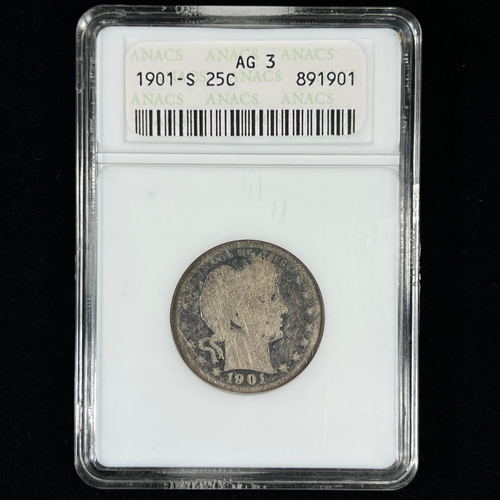 1901-S 25C AG3 Toned Barber Silver Quarter - ANACS Soapbox - Scarce Key ...