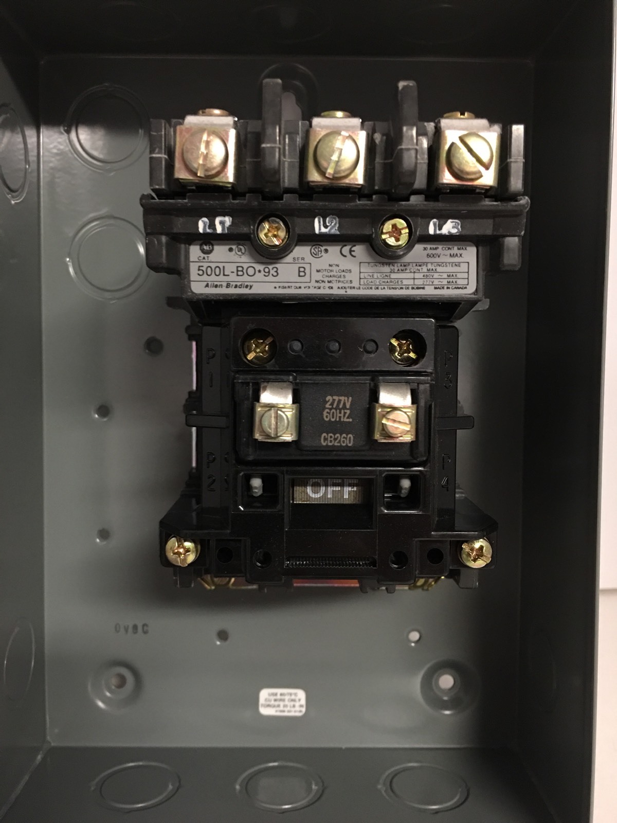 NEW ALLEN BRADLEY Lighting Contactor W/Enclosure 500L-BAF93 30Amp 500L ...