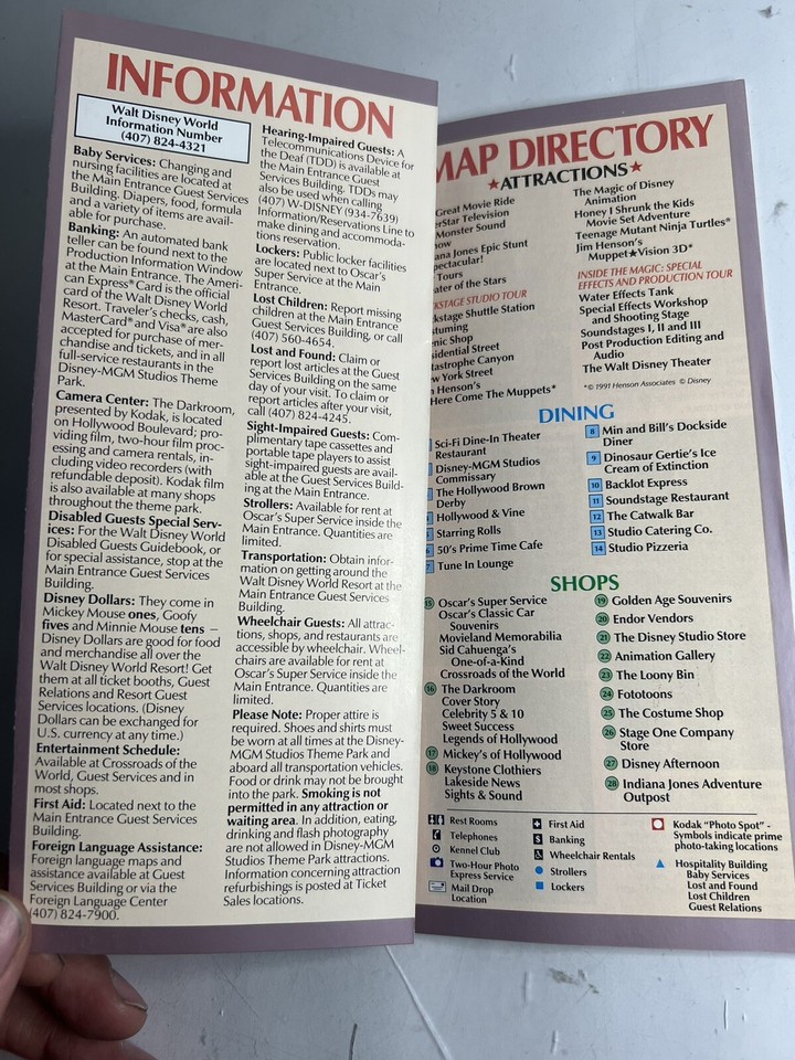 Vintage Disney World MGM Hollywood Studios Guide Map Book 1991 Kodak | eBay