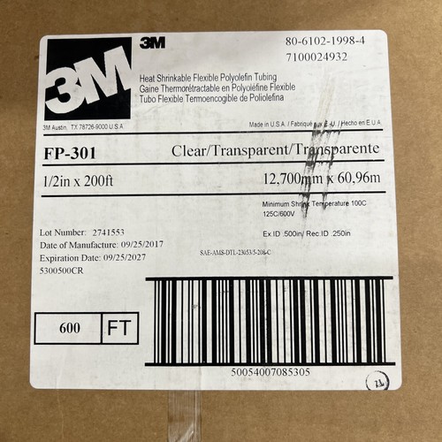 NEW 3M FP-301 CLEAR/TRANSPARENT HEAT SHRINK TUBING 1/2" x 600’ | eBay