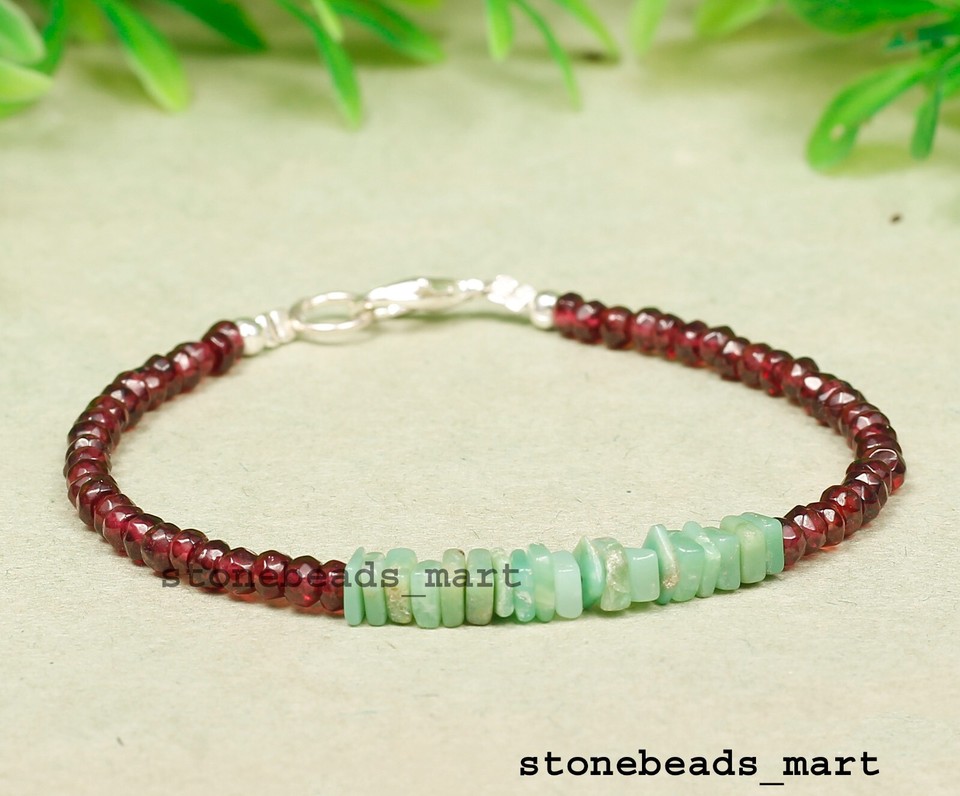 925 Sterling Silver Chrysoprase+Pink Mozambique Garnet Beaded Bracelet ...