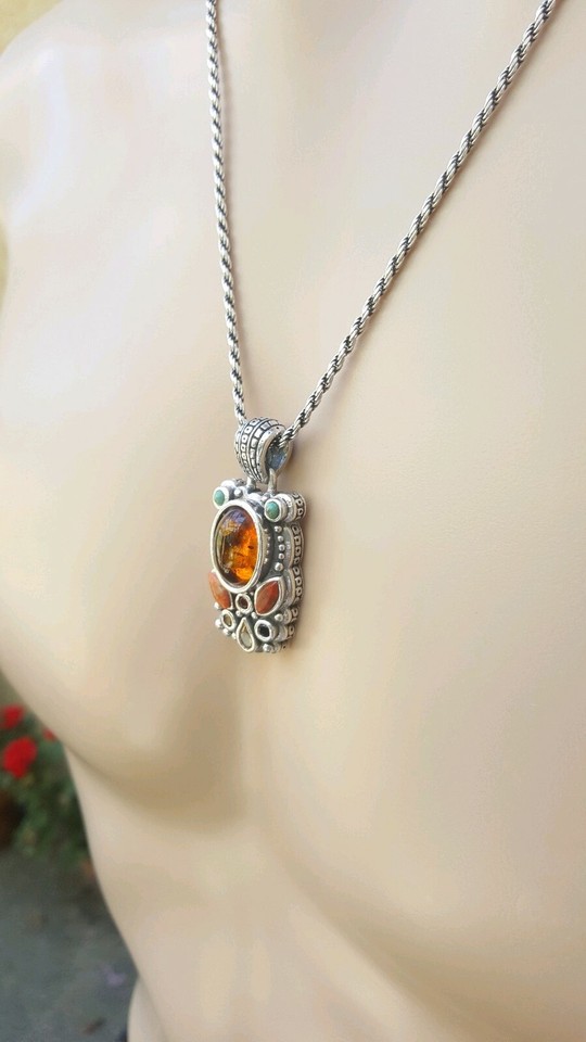 VINTAGE BARSE STERLING SILVER AMBER TURQUOISE PENDANT NECKLACE CHAIN ...