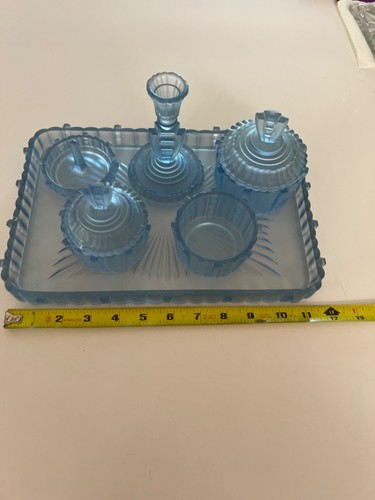 vintage ice blue frosted glass dresser set eight piece | eBay