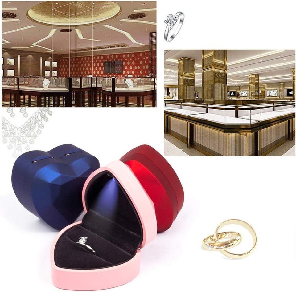 Heart Shaped Ring Gift Box with LED Light Velvet Earrings Jewelry Case ...