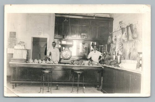 Butcher Men w Poultry Sausage & Steak CROSBY ND Meat Co RPPC Occupation ...