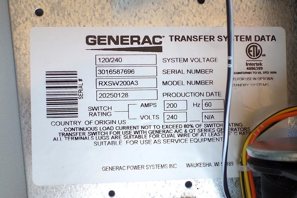 GENERAC RXSW200A3 200A SERVICE RATED AUTOMATIC WHOLE HOUSE TRANSFER ...