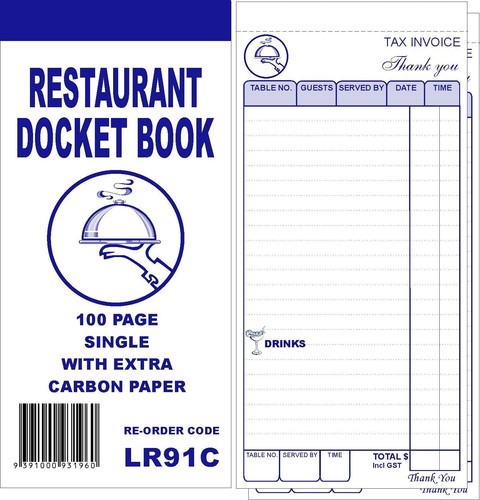 100 x Restaurant Docket Book Large Size - 100 Page with Extra Carbon ...