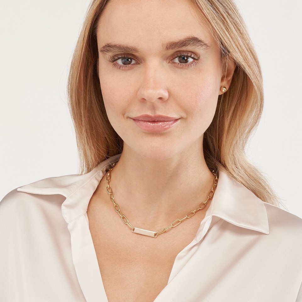 14K Solid Gold Paper Clip Necklace with Rounded Engravable Bar 16”/10. ...