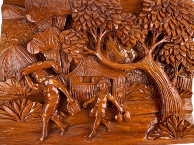 Artisan 3D Hand Carved Whittled Figural Wooden Plaque Picture Children ...