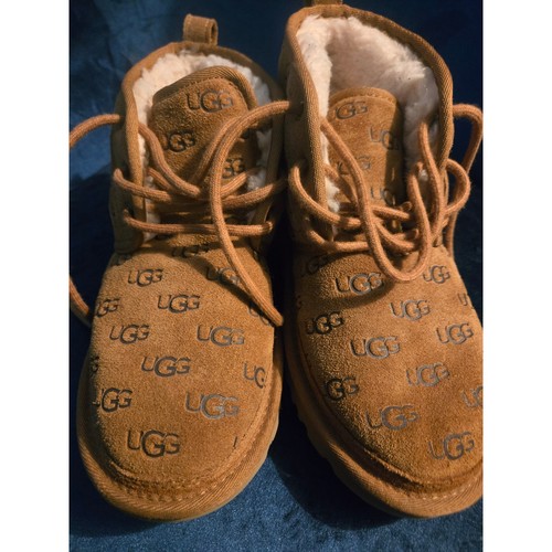 UGG All Over Logo Suede Leather Shearling Lined Lace Up Ankle Boots ...