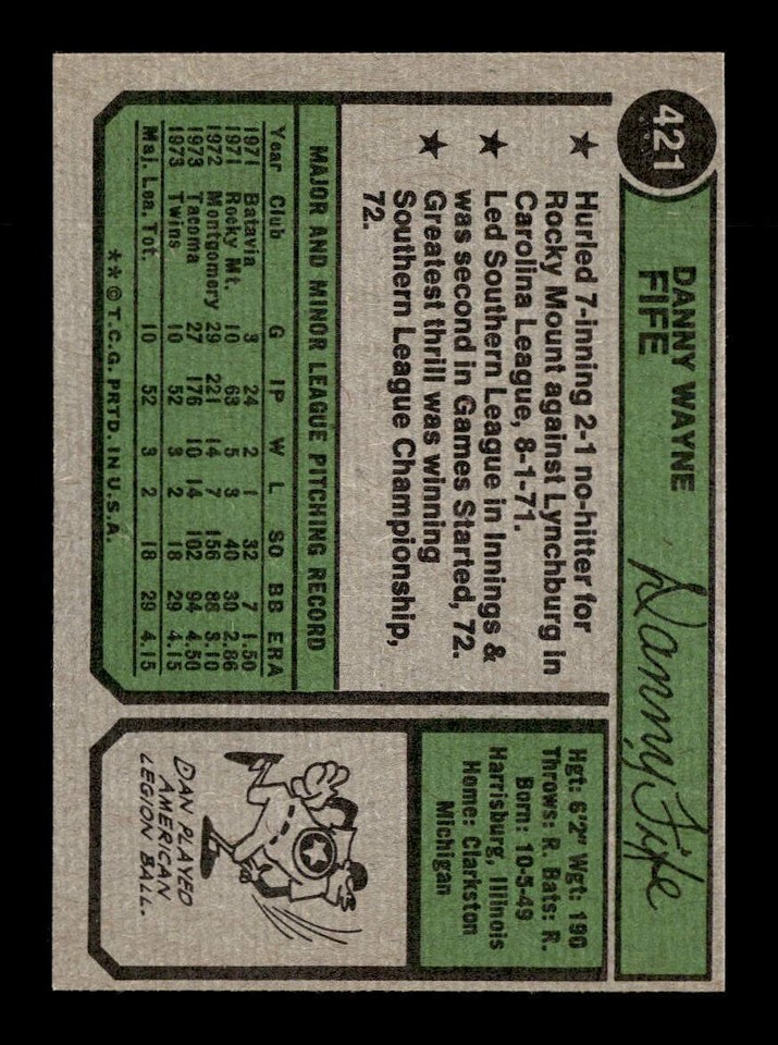 1974 Topps #421 Dan Fife Minnesota Twins Rookie RC EX Baseball Card ...