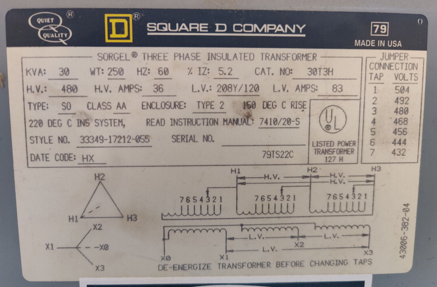 Square D Company 30T3H Sorgel Three Phase Insulated Transformer, Class ...