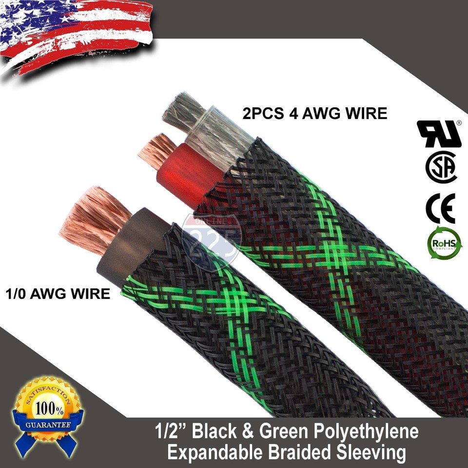 50 FT 1/2" Black Green Expandable Wire Sleeving Sheathing Braided Loom ...